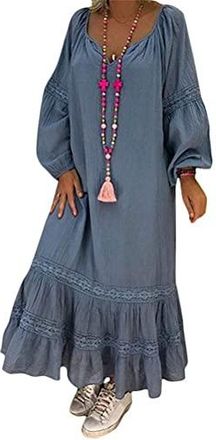 ORANDESIGNE Maxi Robes Boho Femmes Robe Col V Manche Longue Grande Taille Élégante Bohème Robes de Plage Bleu 50