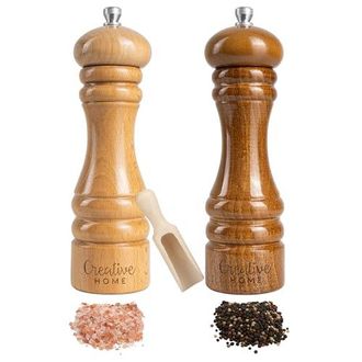 Creative Home Duo Moulin a Poivre et Sel Manuel en Bois | Inclus Mini Cuill&egrave;re | Hauteur 18 cm | Sali&egrave;re et Poivri&egrave;re de Cuisine | H&ecirc;tre Naturel