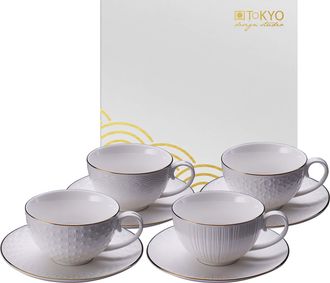 Tokyo Design Studio Nippon White 4-er Tassen-Set weiß mit Untertassen, mit Gold-Rand, Ø 7,7 cm, 4,6 cm hoch, 100 ml, asiatisches Porzellan, Japanisches Design, inkl. Gesc