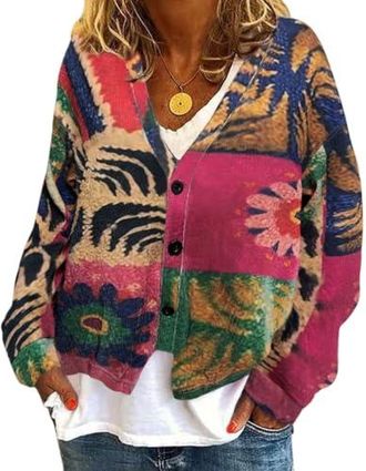 Onsoyours Gilets en Tricot Imprimé Femme Veste Courte Casual Cardigan Coupe Ample À Manches Longues Gilet Chaud avec Boutons Sweater Manteau Outwear Haut Top Ch