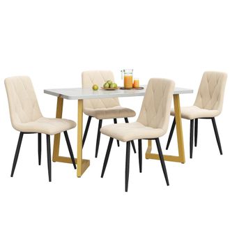 Generic Essgruppe 5-teilig für 4 Personen Rechteckiger Esstisch mit 4 Beige Twill Samt Stühlen Set für Esszimmer Wohnzimmer Küchen Sitzgruppe Golden Tischbein