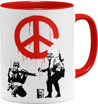 OM3 War Peace Banksy Tasse Urban Street Art Graffiti - Keramik Becher - 11oz 325ml - Beidseitig Bedruckt - Rot
