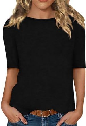 Minetom T-shirt à manches courtes pour femme, col bateau - T-shirt dété uni - Haut basique, a noir, L