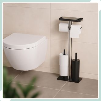 Relaxdays WC-Garnitur, Edelstahl, Ablage & Rollenhalter, freistehend, 3 in 1, HBT: 77x30x15cm, Toilettenbutler, schwarz