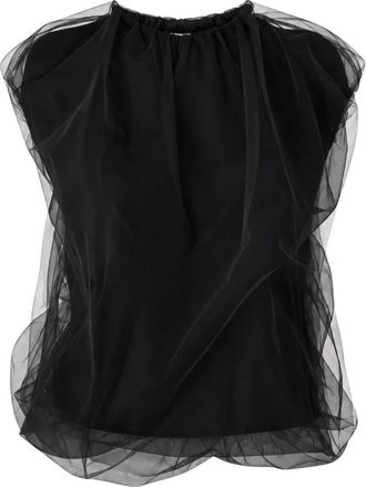 Meimeij &Auml;rmellose Bluse mit Rundhalsausschnitt und T&uuml;ll-Overlay - - Tops - Damen - Schwarzk - S