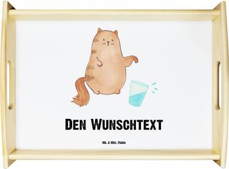 Mr. & Mrs. Panda Personalisiertes Serviertablett Katze Wasserglas - Personalisierte Geschenke, Service Tablett, Neugierig, Kater, mit Henkel, Cat, Namen, Wasser, Bettt