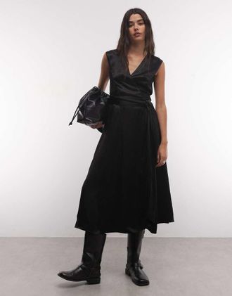 AllSaints Jeanne &auml;rmelloses Wickel-Midikleid mit V-Ausschnitt in Schwarz