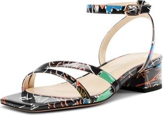 Castamere Femmes Bas Bloc Chunky Talon Heel Carr&eacute; Bout Lani&egrave;res Cheville Sandales Dress Mariage Party Chaussures 3.5 CM Heels Noir Gribouillis 38 EU