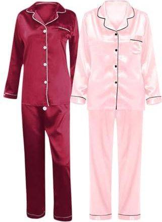 Generic Pyjama long pour femme avec boutonni&egrave;re - 2 pi&egrave;ces - Manches longues - Doux et confortable - Ensemble pyjama &agrave; revers - Couleur unie - Avec poches - V