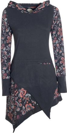 vishes Alternative Bekleidung - Langarm Damen Kleid Elfen Zipfelkleid Zipfelige Elfentunika Bedruckt schwarz 40-42