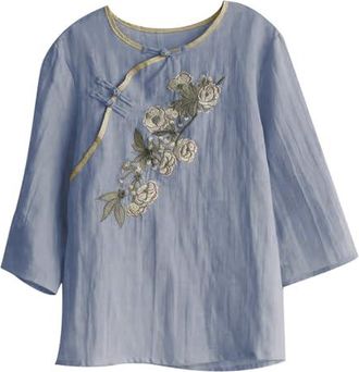 Generic Chemise en lin &agrave; manches 3/4 pour femme - Coton et lin - Motif floral brod&eacute; - Tunique d&eacute;t&eacute; d&eacute;contract&eacute;e pour la plage et les vacances, bleu, XXL