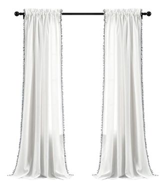 Lush Décor schwarzer Bommel-Vorhang, strukturiert, einfarbig, Shabby-Chic-Stil, Fensterpaneel für Wohnzimmer Gray grau