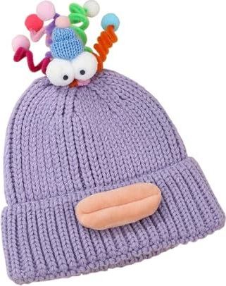 Generic Bonnet tricot&eacute; avec yeux et antenne d&eacute;corative pour enfants, accessoires de chaleur dhiver, parent-enfant, mignon petit monstre lumineux en tricot, bo