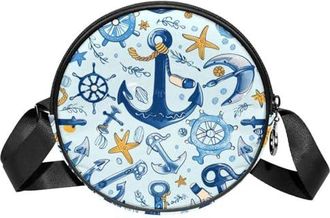 Generic Sac &agrave; bandouli&egrave;re rond pour femme, motif ancre de mer, sac &agrave; main avec fermeture &eacute;clair, bretelles r&eacute;glables, sac &agrave; main rond d&eacute;contract&eacute; pour femmes 