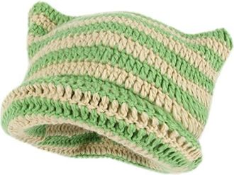 Generic Chapeaux dhiver doux et souples en tricot tressé avec oreilles de chat pour femme, Vert, Taille unique