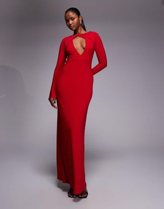 Asos Figurbetontes, lang&auml;rmliges Maxikleid in Rot mit verdrehtem Detail und tiefem Ausschnitt