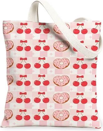 Generic Joli sac fourre-tout en toile motif de cerises et de beignets amusants, r&eacute;utilisables, l&eacute;gers et lavables avec bandouli&egrave;re, p&ecirc;che, 13x15 Inch