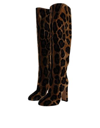 Dolce & Gabbana Unisex Brown Giraffe Velvet Leather Boots Shoes Viscose