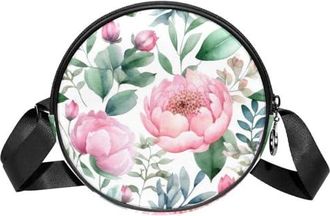 Generic Petit sac &agrave; bandouli&egrave;re circulaire pour femme, motif feuilles florales, sac &agrave; dos avec fermeture &eacute;clair, bretelles r&eacute;glables, sac &agrave; main rond d&eacute;contra
