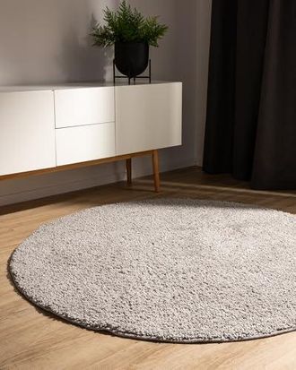 benuta Basic Tapis Poil Long Sohari - Gris Clair 80 cm Rond - Lavable - Minimaliste - Doux - pour Chambre, Couloir, Salle à Manger - Compatible avec Chauffag