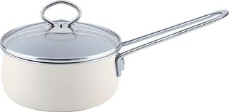 Riess 0730-011, Stielkasserolle mit Glasdeckel, NOUVELLE- AVORIO EXTRA STARK, Durchmessser 16 cm, Höhe 14 cm, Inhalt 1 Liter, Emaille, Induktion