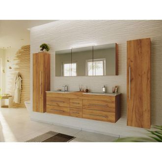 Magnolia Home Badm&ouml;belset Roma XL 4-teilig Spiegelschrank 2x Hochschrank eiche gold