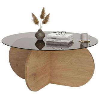 Dmora Couchtisch Cugnoli, Runde Form, Klarglasplatte, Gestell-Farbton Eiche, 75x75x35h cm Eiche Braun