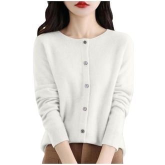 Generic Cardigan en cachemire pour femme, col rond, pull moelleux printemps hiver &agrave; manches longues tricot&eacute; de couleur unie, Blanc 1., 3XL