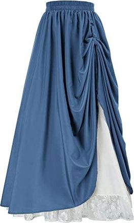 Minetom Femme Jupe Renaissance Vintage Rétro Jupe Médiévale Taille Haute Elastique Jupe Trapèze Vasée Smockée Victorienne Moyen Age Jupe C Bleu XL