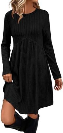 Generic Robe &agrave; manches longues pour femme, col rond, robe &agrave; la taille avec robe en maille, Noir, 3XL