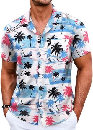 Coofandy Chemise Hawaienne Homme Manches Courtes Casual Chemise été avec Poche Chemise de Plage Regular Fit Cocotier Blanc XXL