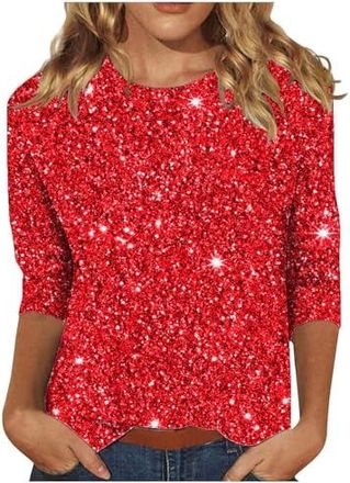 Generico Chemise &eacute;l&eacute;gante pour femme avec paillettes brillantes - Col rond avec fermeture &eacute;clair - Haut pour femme - Pour f&ecirc;te, printemps, vacances, f&ecirc;te, d&eacute;co