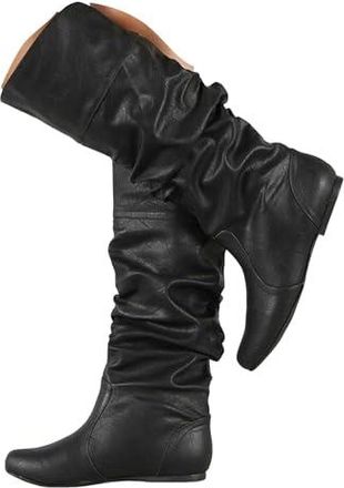 Generic Bottes western plates à talon haut du genou pour femme - Bottes décontractées en daim avec fermeture éclair latérale - À enfiler - En cuir synthétique