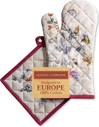 Maison d'Hermine Ofenhandschuh, Topflappen aus 100% Baumwolle, hitzebeständiger Ofenhandschuh(19cm x 33cm) & Topflappen(20cm x 20cm) für Koch, Mikrowelle, Equinoxe - B