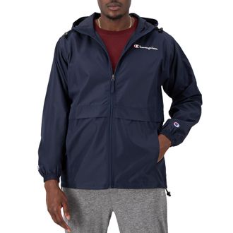 Champion Herren Stadionjacke mit Durchgehendem Rei&szlig;verschluss, Windabweisend, Wasserabweisend Jacke, Marineblau, kleine Schrift, L