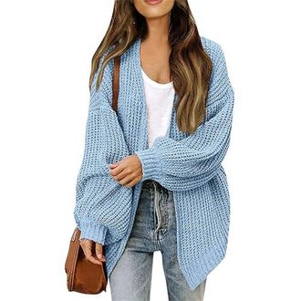 Generic Cardigan en tricot &agrave; manches lanternes pour femme Col en V Couleur unie Pull &agrave; manches longues R&eacute;tro, bleu ciel, Taille XS