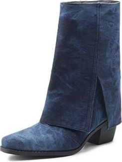 Generic Bottes Mi-Mollet Rétro pour Femme Bout Carré Fente Latérale Dessus en Denim Talons Moyens Blocs À Enfiler Chaussures Décontractées Et Habillées,Dark B