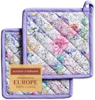 Maison d'Hermine Floral Love Lot de 2 maniques, 100% Coton, pour Barbecue, Cuisson, Four, Micro-Ondes, grillades, Printemps/&eacute;t&eacute;, P&acirc;ques, (20cm x 20cm)