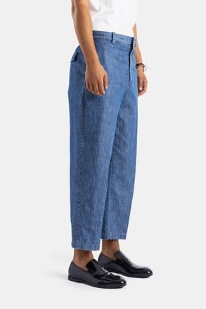 Jil Sander Mens Washed Indigo Cotton Chambray Wide-Leg Trousers 7-8 Central Crease Blue Jean