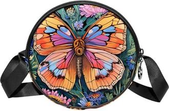 Generic Sac &agrave; bandouli&egrave;re rond pour femme, petit sac &agrave; bandouli&egrave;re avec fermeture &eacute;clair, bretelles r&eacute;glables, style d&eacute;contract&eacute;, motif papillon