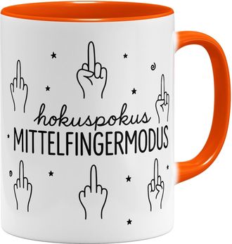 OM3 lustige Mittelfinger Kaffee-Tasse mit Spruch - Hokuspokus Mittelfingermodus - Keramik Becher - 325ml - Beidseitig Bedruckt - Orange