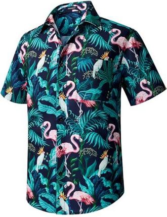 Hisdern Chemises hawaïennes pour Homme imprimé Flamant Rose Manches Courtes pour lété Les Vacances et la Plage Bleu 3XL