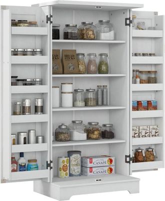 HOMCOM Buffet cuisine armoire de cuisine 5 niveaux avec portes et &eacute;tag&egrave;res r&eacute;glables 60l x 40P x 120H cm grain de bois cr&egrave;me-Cr&egrave;me