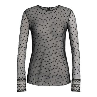 Alberta Ferretti Gepunktetes T&uuml;ll-Oberteil mit Spitzenmanschetten - - Tops - Damen - Schwarzk - XL