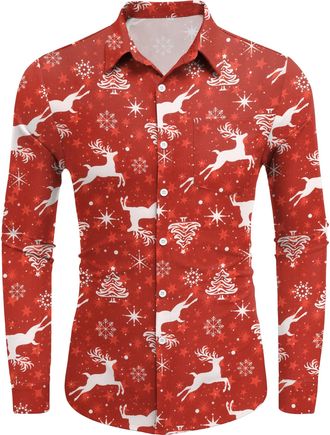 Coofandy Weihnachtshemd Herren Langarm Hemden Gedruckte Weihnachten Hemd Christmas Shirt Freizeithemd Festival Hemden f&uuml;r M&auml;nner Rot mit Wei&szlig;em Rentiermuster X