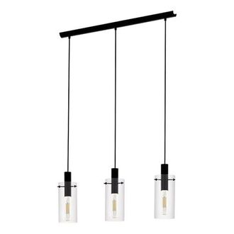 Eglo Pendelleuchte Montefino, 3 flammige Hängelampe, Hängeleuchte aus Metall in Schwarz und Glas in Klar, Esstischlampe, Wohnzimmerlampe hängend mit E27 Fa