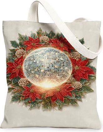 Generic Sac fourre-tout en toile &agrave; motif floral de No&euml;l, motif poinsettia, sacs d&eacute;picerie r&eacute;utilisables, l&eacute;gers et lavables pour le shopping, lext&eacute;rieur, les 