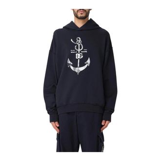 Dolce & Gabbana Homme, Sweatshirts et sweats à capuche, Bleu, Taille: M Sweat à Capuche Bleu Délavé avec Imprimé Ancre