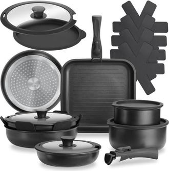 TecTake Batterie de cuisine 17 pcs, 2 Casseroles, 3 Po&ecirc;les &agrave; frire, 1 Poele &agrave; griller, 4 couvercle casserole, 5 prot&egrave;ge Casseroles Batterie de cuisine Inducti