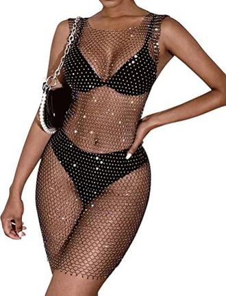 Minetom Femme Blouse Robe Transparente Bikini Cover Up Cache-Maillot Sexy Mini Robe en Strass Soirée Plage Club Robe Noir 1 L